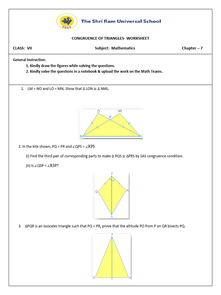 Congruence of Triangles-Worksheet Class: Vii Subject: Mathematics ...