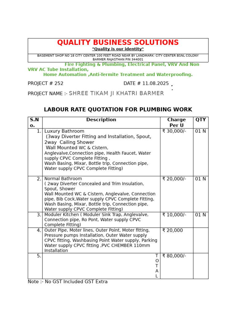Plumbing Labour Rate Quotation | PDF | Plumbing | Water Supply