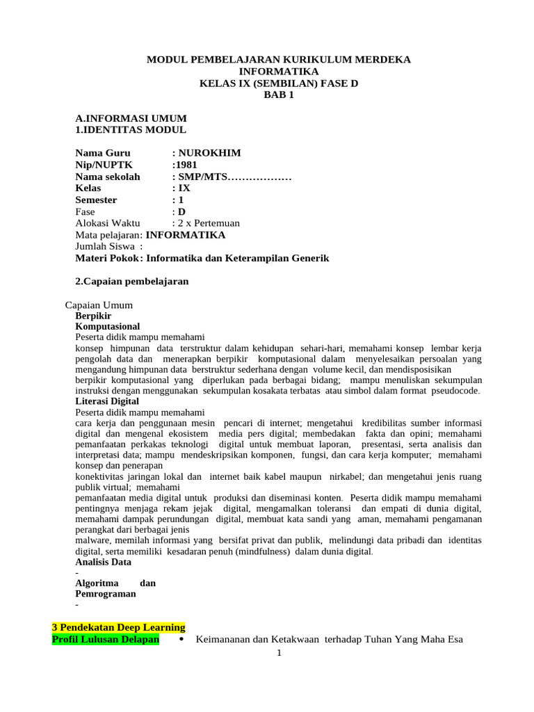 CTH Deep Learning Informatika Kls 9 | PDF