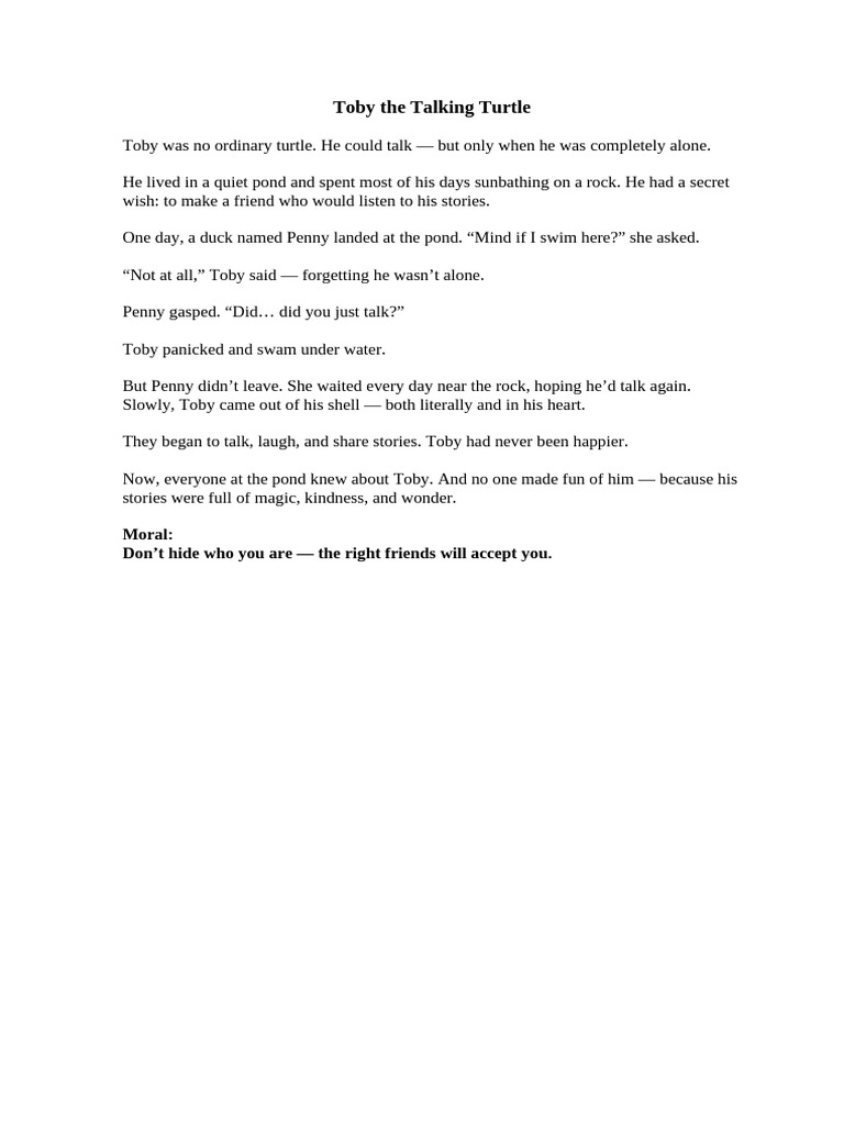 Toby the Talking Turtle's Friendship Journey | PDF