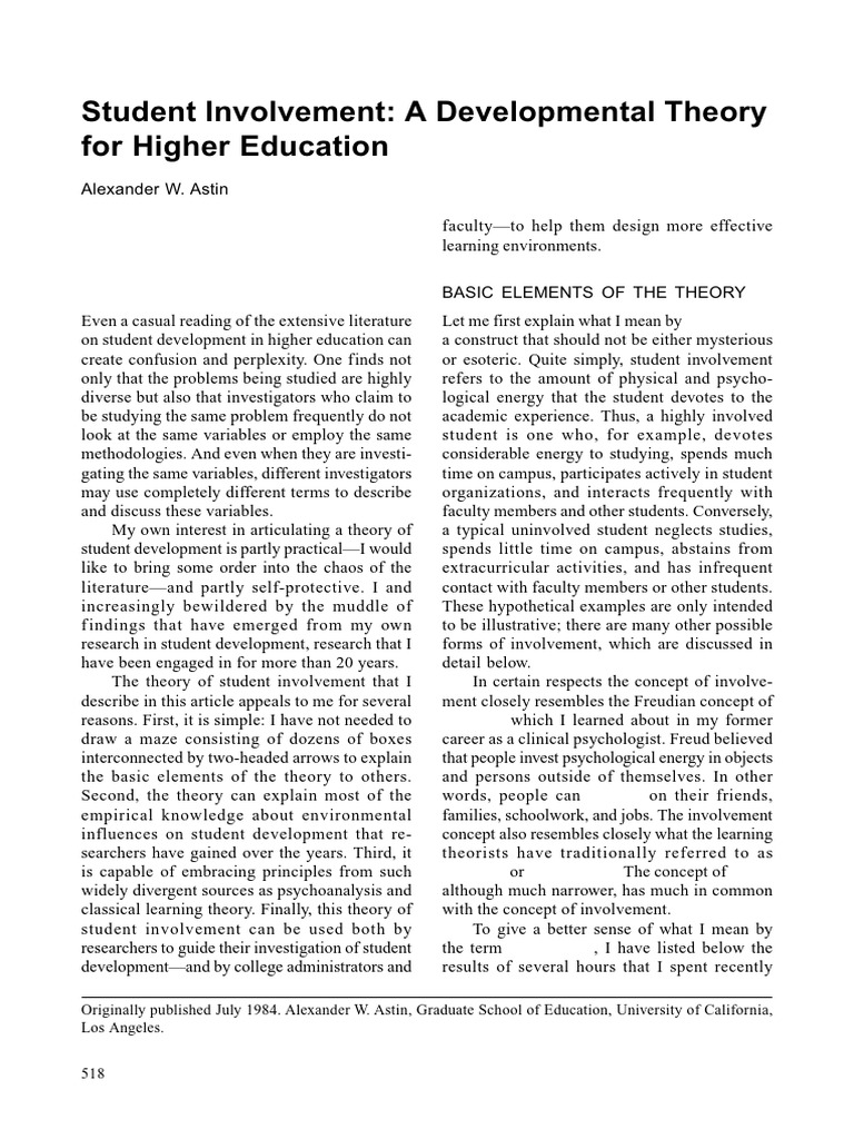 Student Involvement - A Developmental Theory For Higher Education | PDF ...