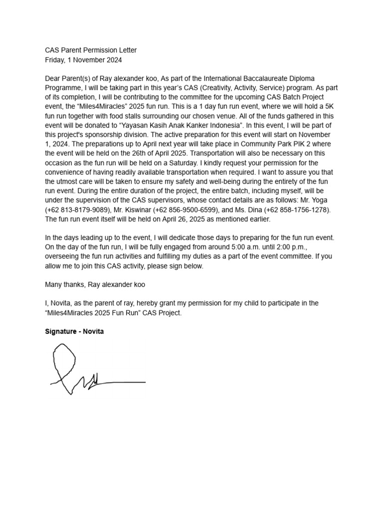 CAS Parent Permission Letter | PDF