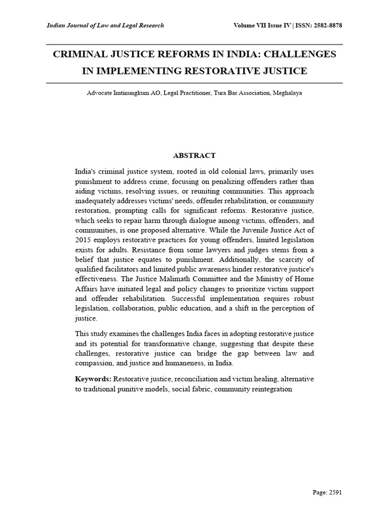 Criminal Justice Reforms in India - Challenges in Implementing Restorative Justice | PDF ...