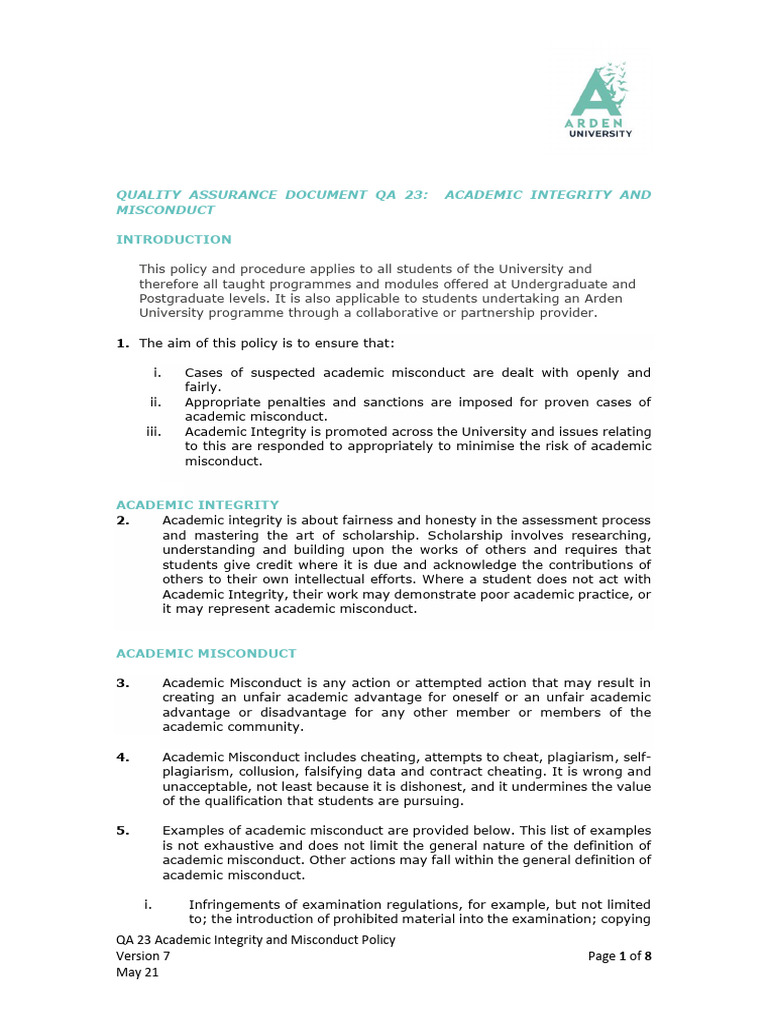 Academic Integrity & Misconduct Policy | PDF | Academic Dishonesty ...