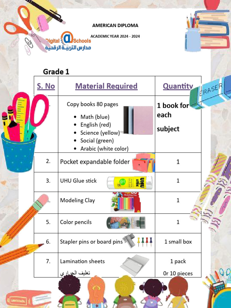 Stationery List Grade 1 | PDF