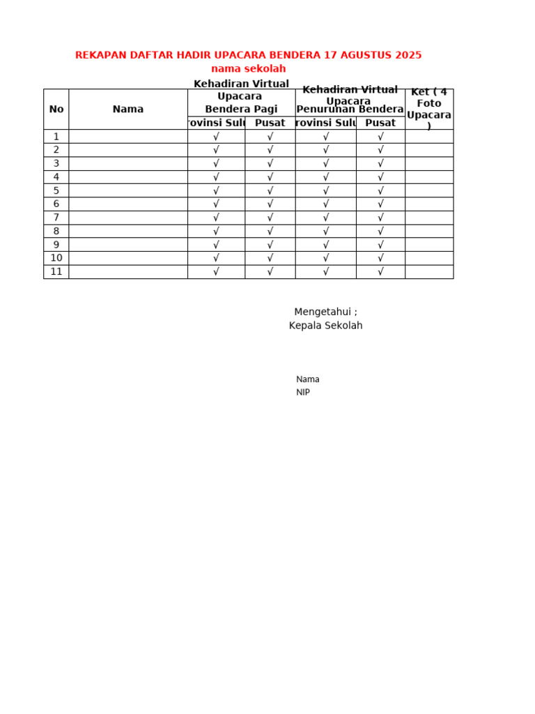 Absen Upacara 17 Agustus 2025 Sekolah | PDF