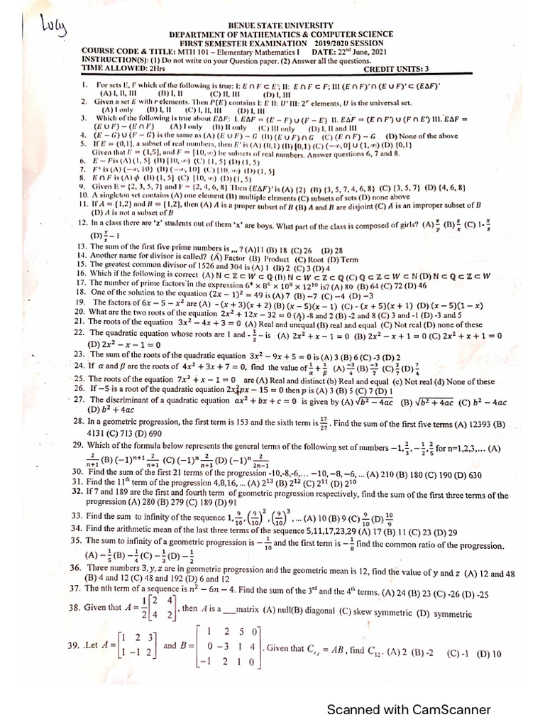 MTH 101 Past Questions 2019 | PDF