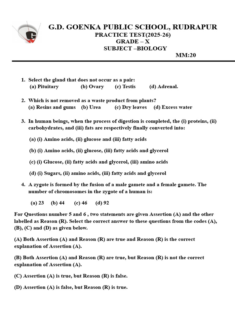 Grade X Biology Practice Test 2025-26 | PDF | Kidney | Organ (Anatomy)