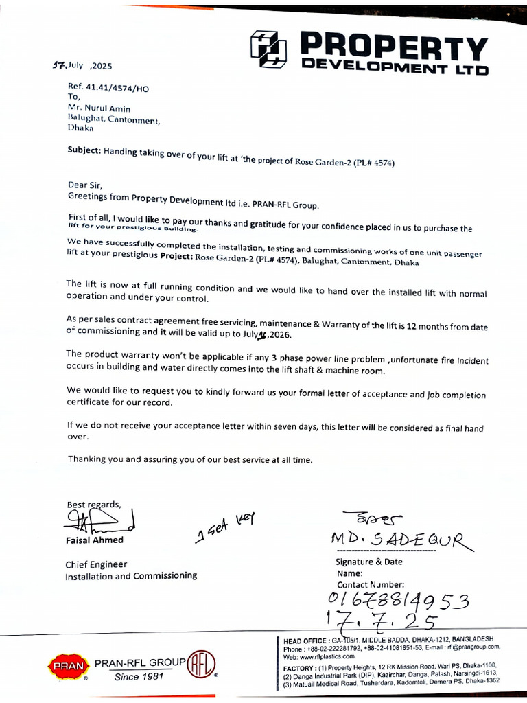 Project - Rose Garden 06, L-2 Handover Letter | PDF