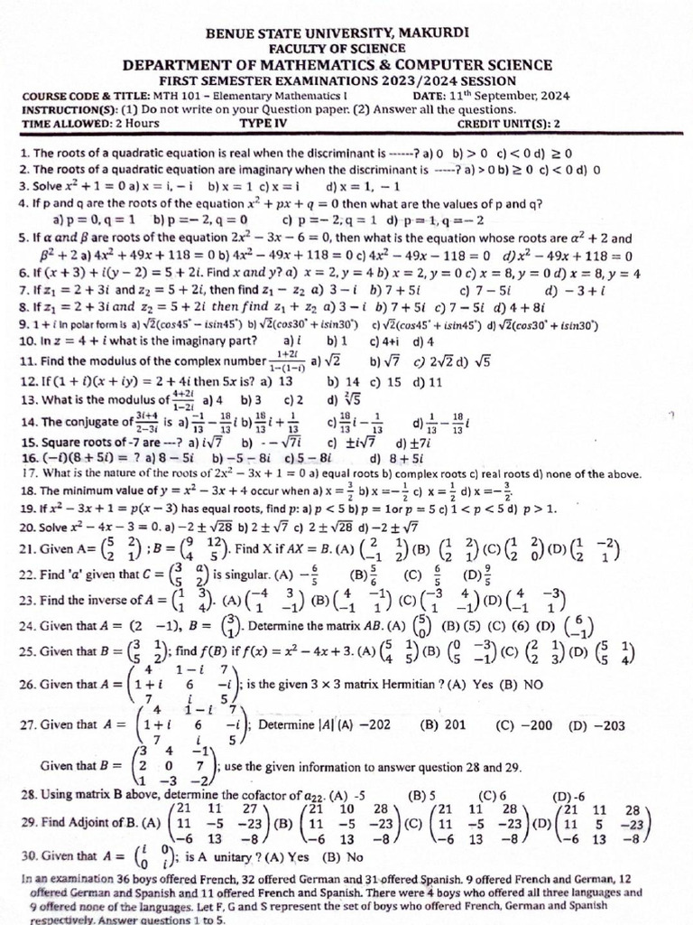 100level PHY 101 and MATH 101 Past Questions - 022503 | PDF