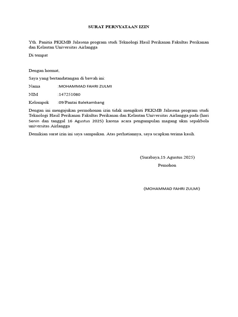 Surat Pernyataan Izin Tidak Mengikuti Pkkmb Jalasena 2025 | PDF