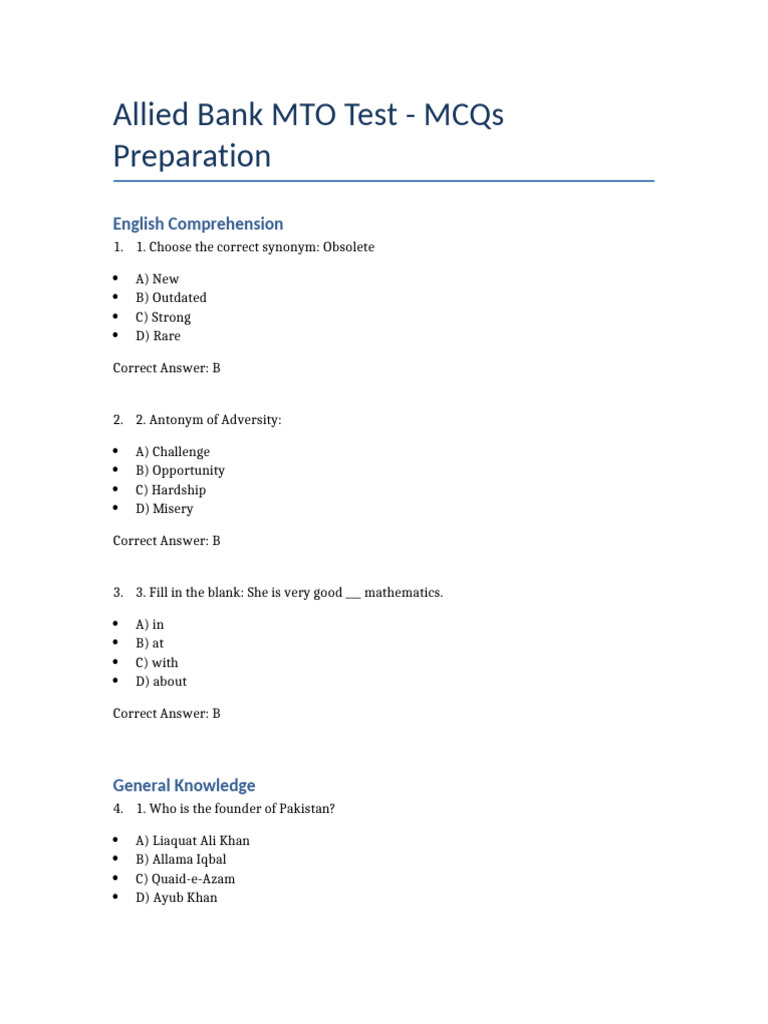 Allied Bank MTO Test Preparation Guide | PDF