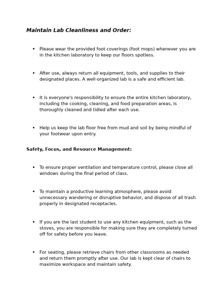 Kitchen Lab Cleanliness and Safety Guide | PDF