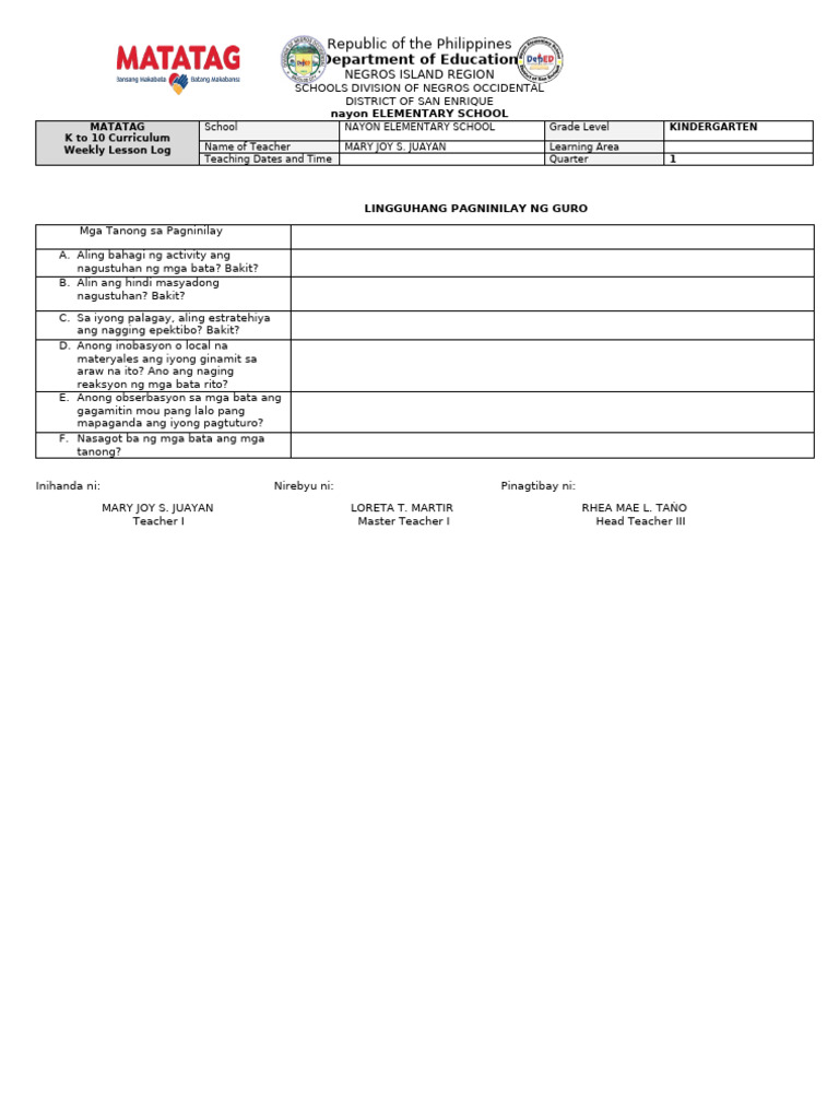 Reflection Template. KINDER | PDF