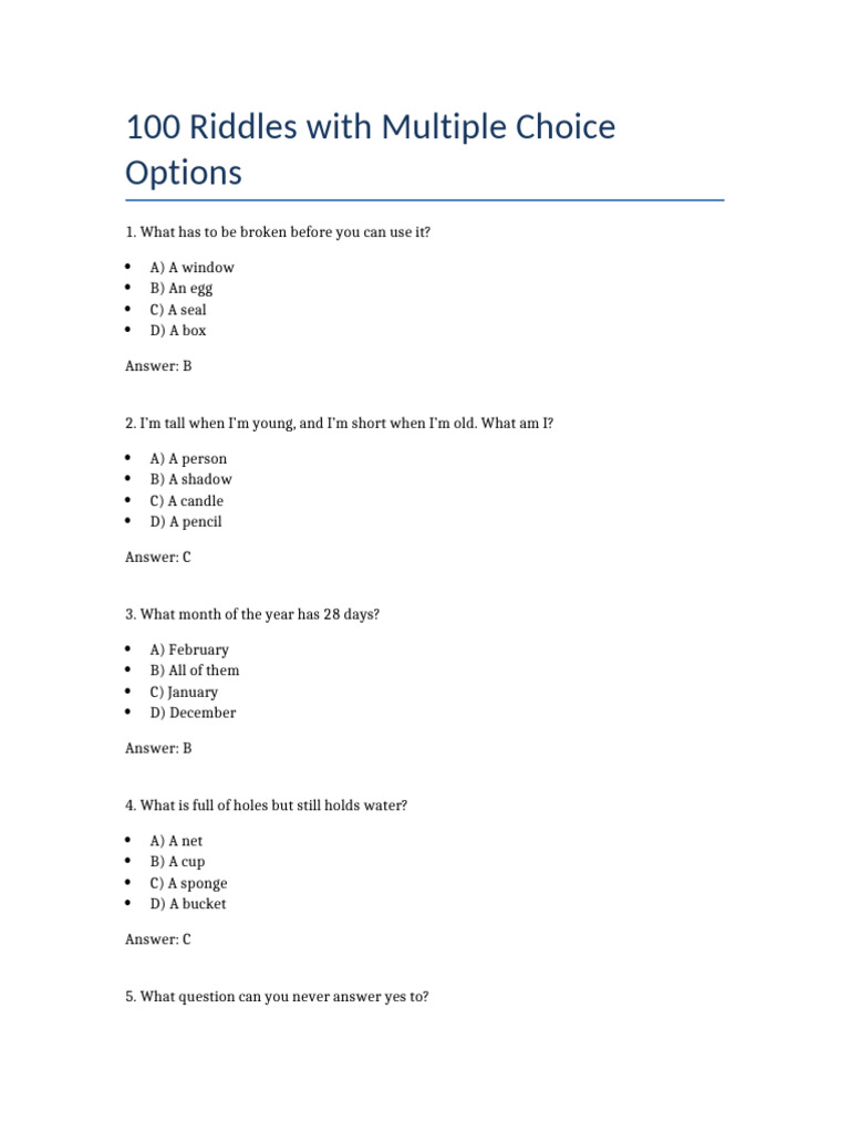 100 Fun Multiple Choice Riddles | PDF | Chess Theory | Chess