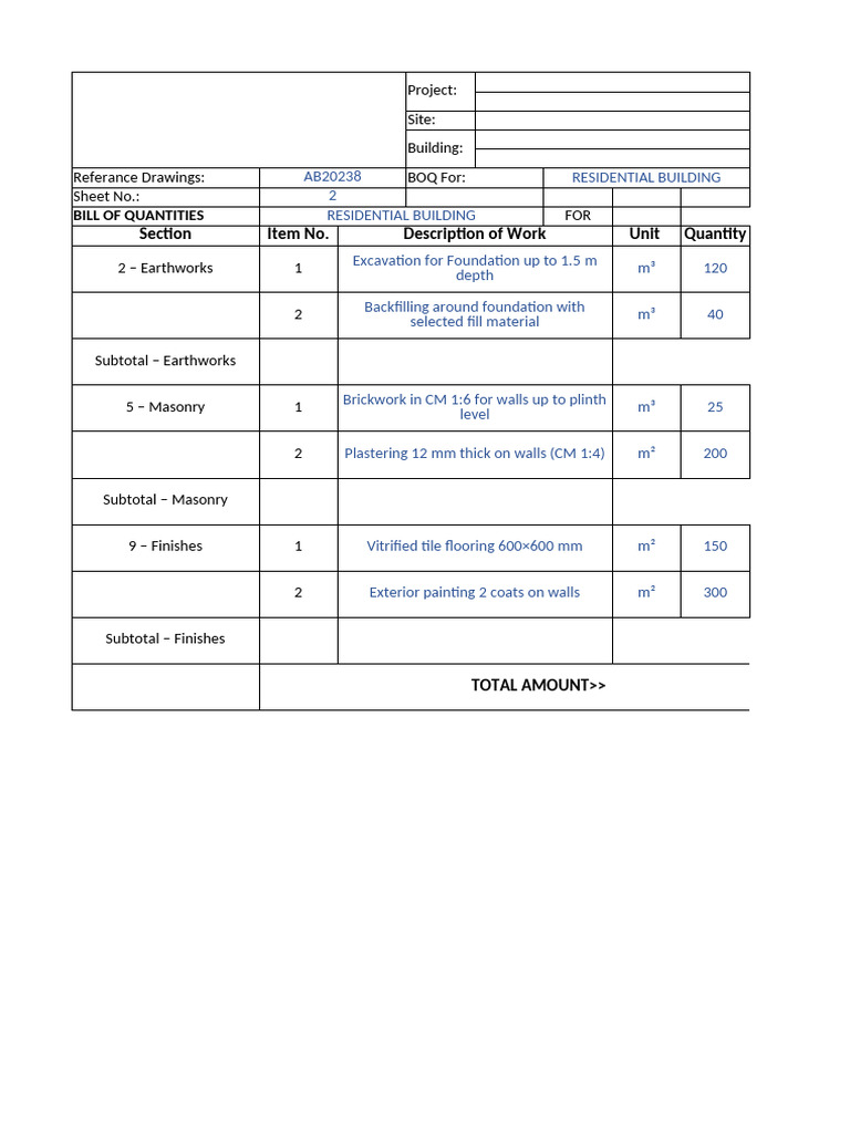 BOQ Template for Residential Building | PDF