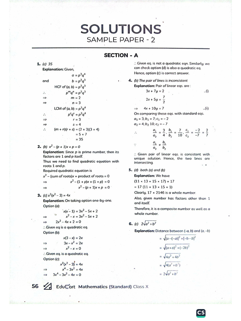 Class 10 Sample Paper 2 Solutions | PDF