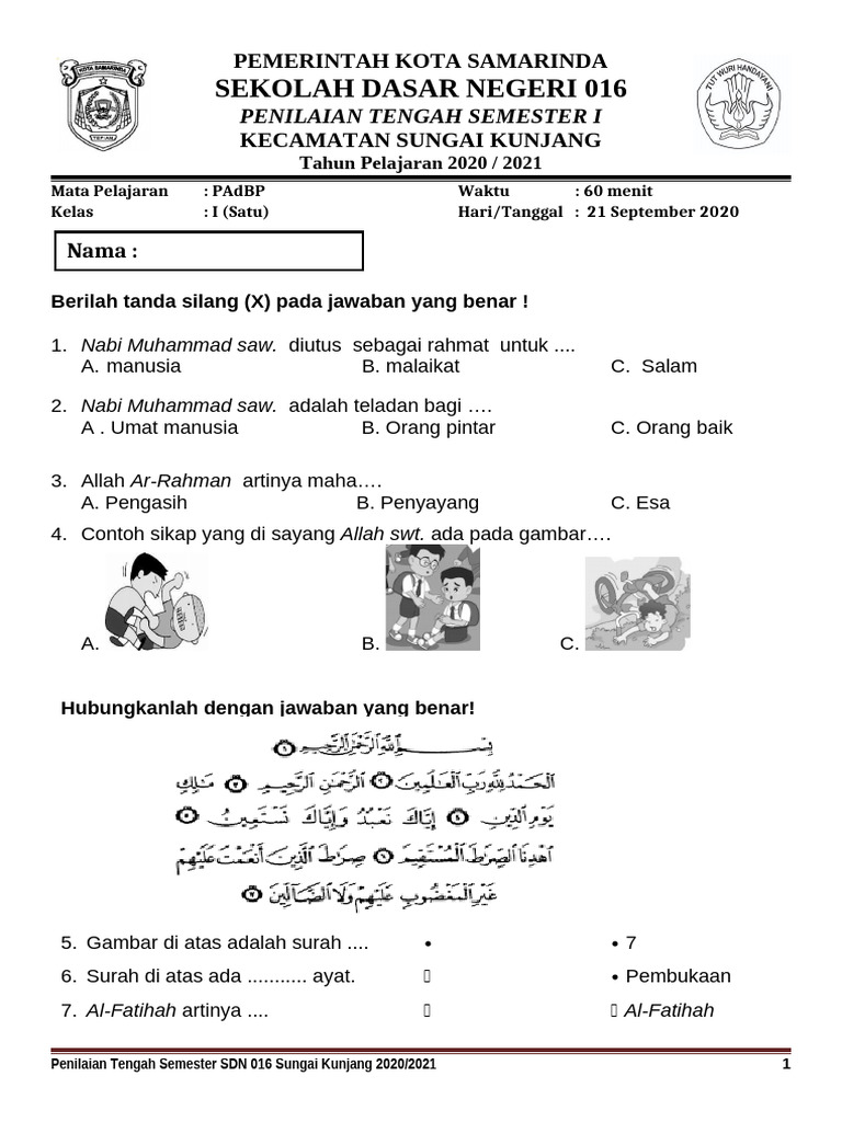 Soal Pts Sem 1 Padbp Kls 1 | PDF