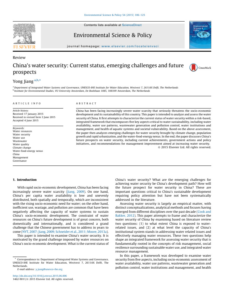 Chinas Water Security Current Status, Emerging Challenges and Future ...