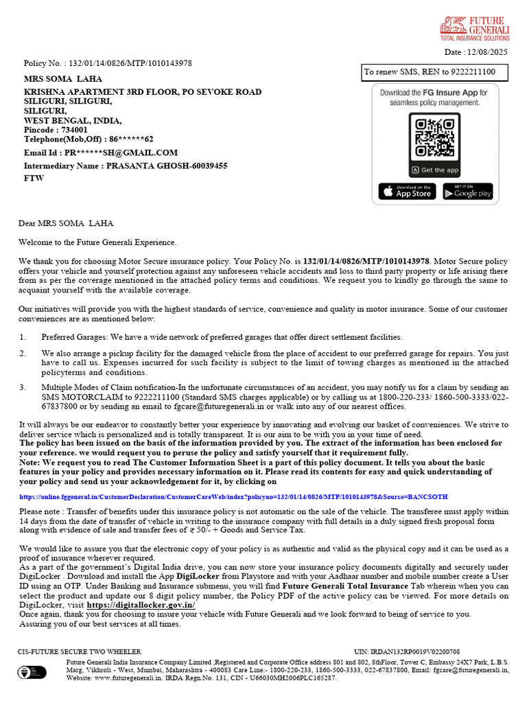 Future Generali Motor Insurance Policy Details | PDF | Insurance ...