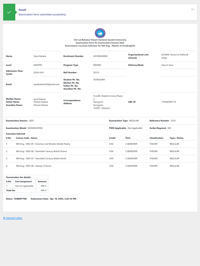 Examination Form Submitted 2nd Sem | PDF