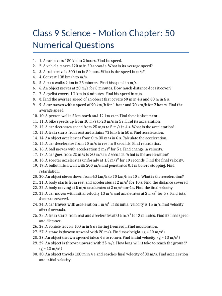 Class 9 Science Motion Numerical Problems | PDF | Acceleration | Speed