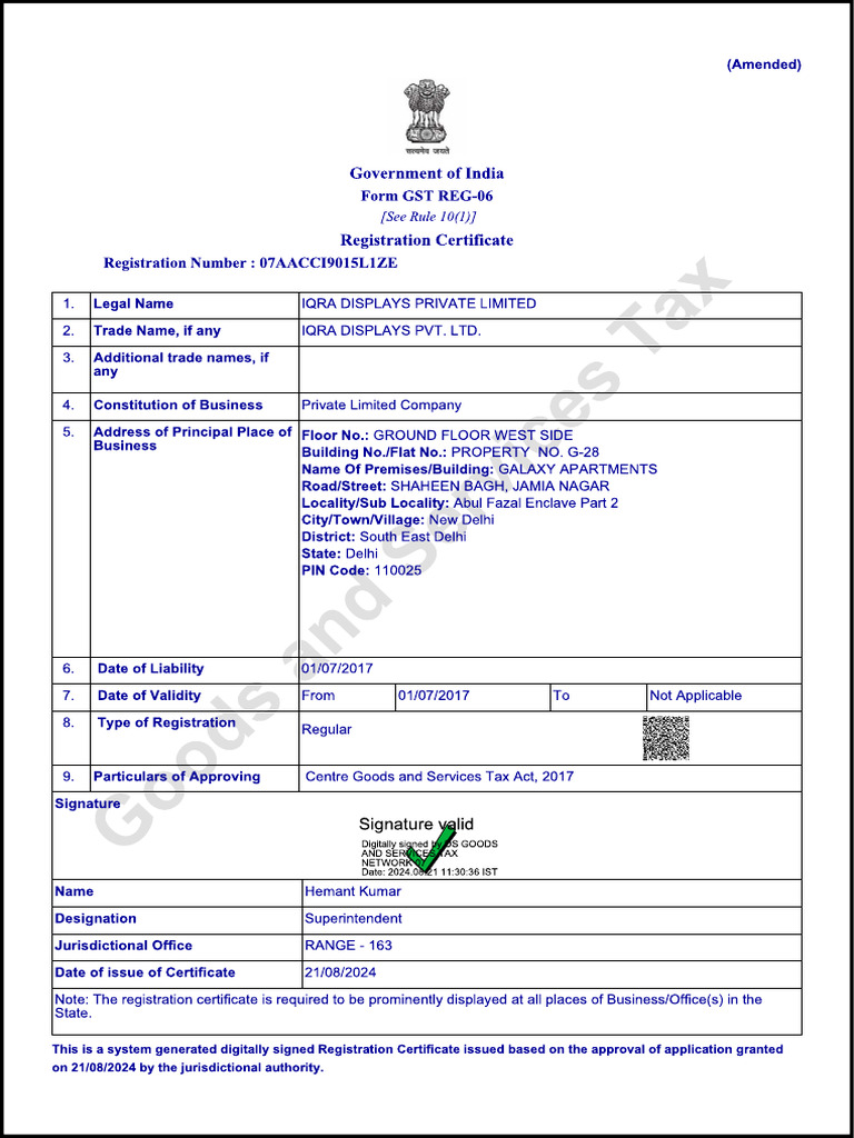 GST Certificate (Iqra Dispalys) DELHI | PDF