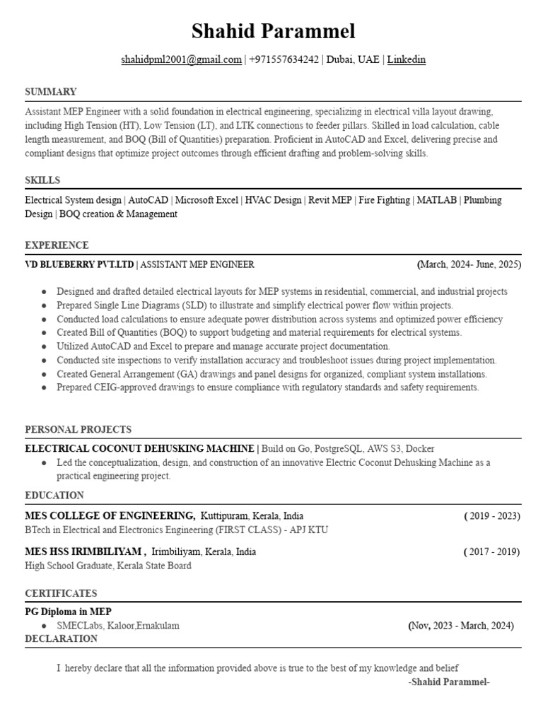Assistant MEP Engineer Profile | PDF | Engineering