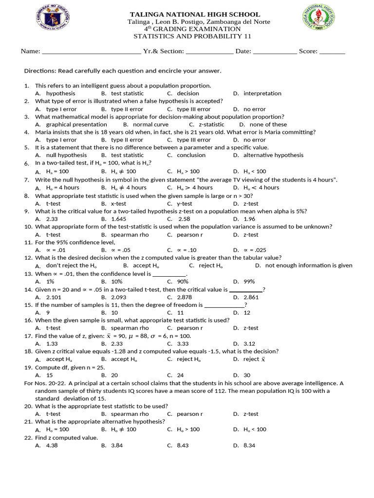 4th Periodical Exam Statistics and Probability | PDF | Type I And Type ...