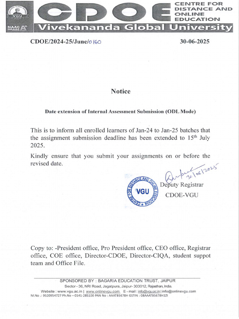 ODL Assignment Submission Date Extension | PDF