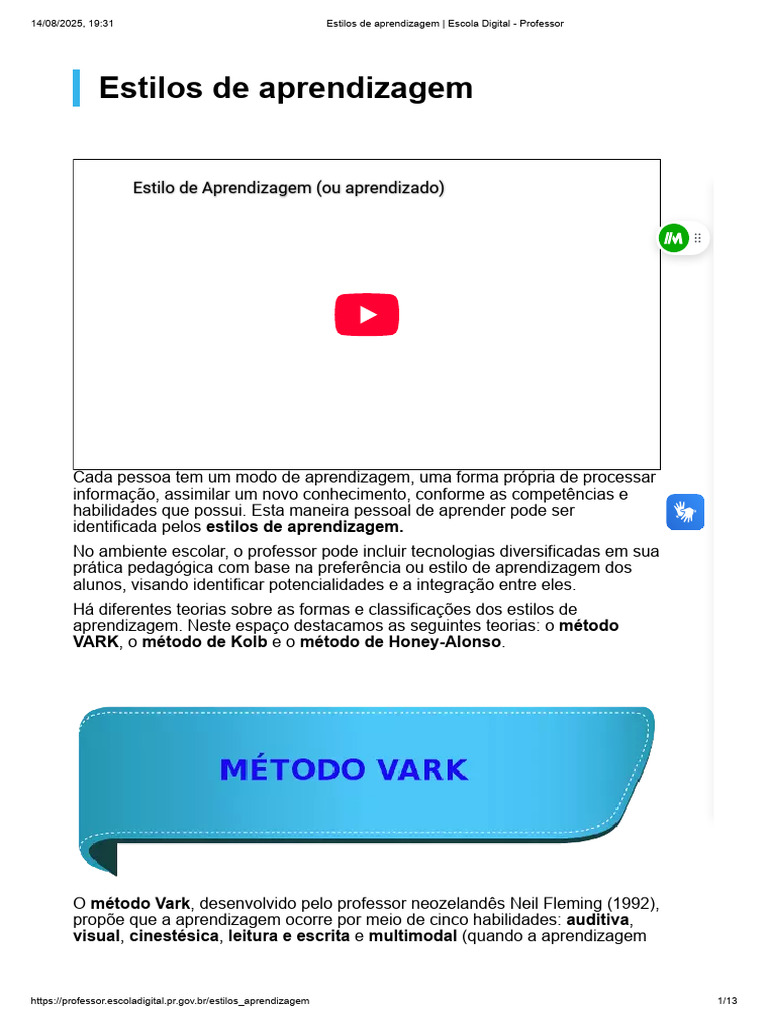 Estilos De Aprendizagem Escola Digital Professor Pdf