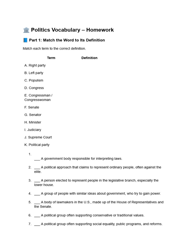Politics Vocabulary Homework Guide | PDF | United States Congress ...