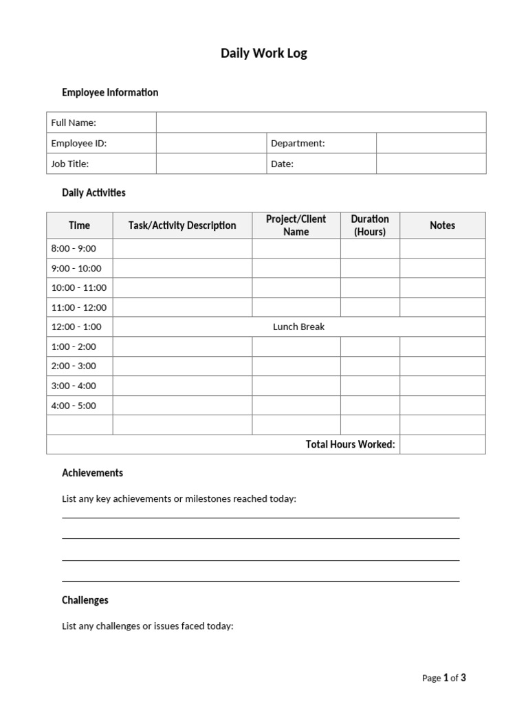 Daily Work Log Template for Employees | PDF
