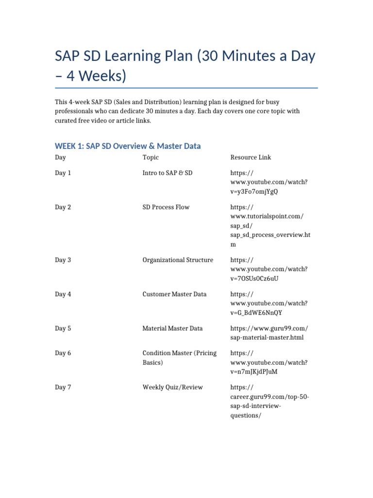 4-Week SAP SD Learning Plan | PDF