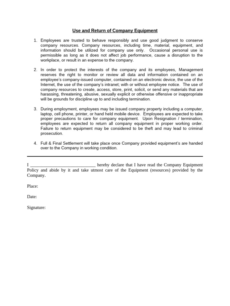 Company Equipment Use and Return Policy | PDF