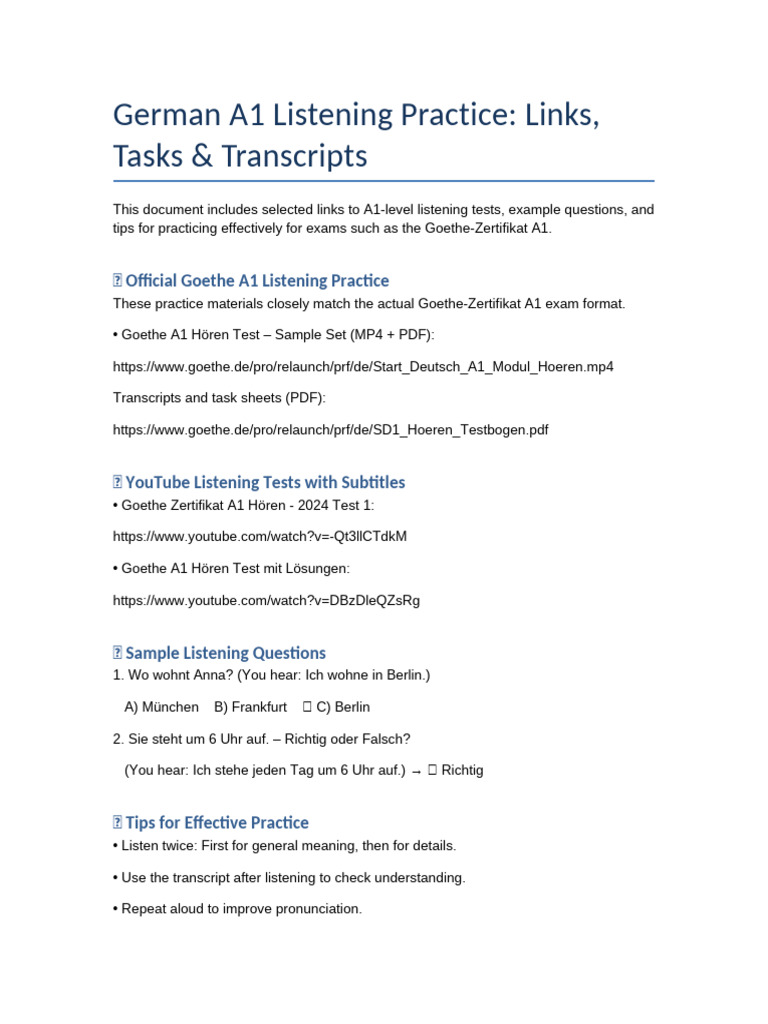 German A1 Listening Practice Links and Tasks | PDF