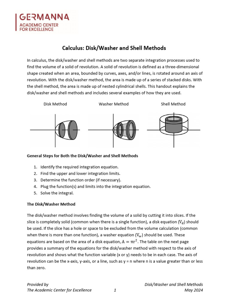 Calculus Disk-Washer and Shell Methods | PDF | Integral | Area