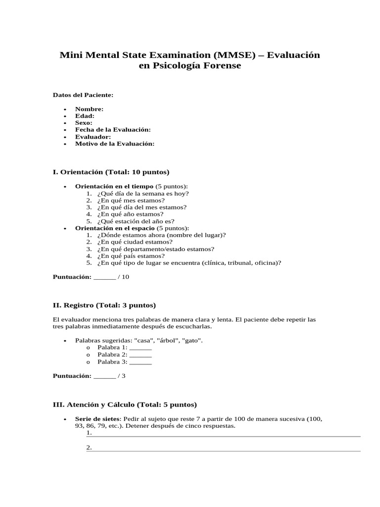 Mini Mental State Examination | PDF | Puntuación | Sicología