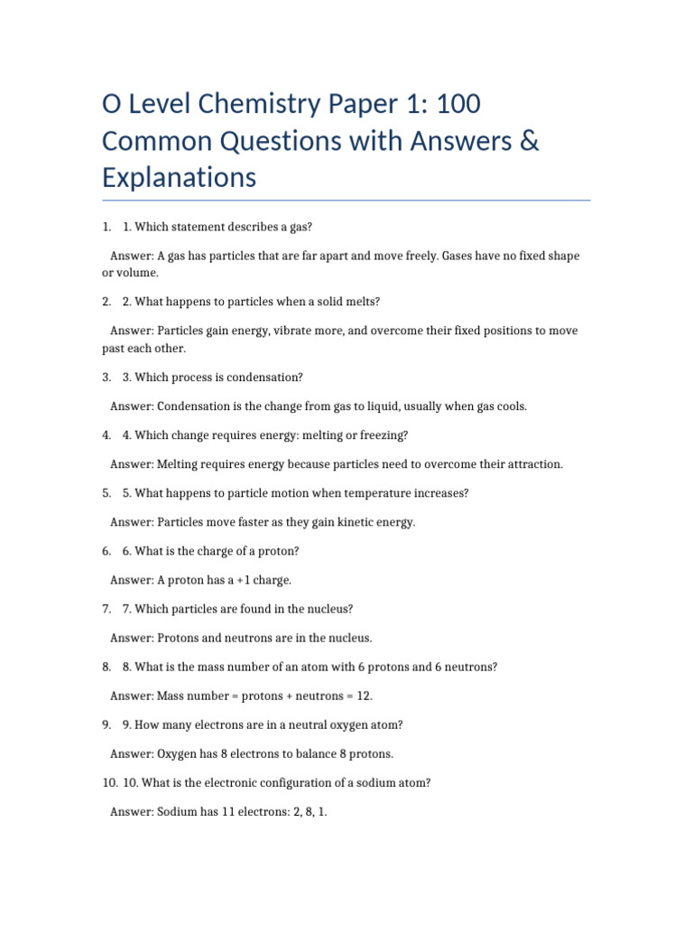 O Level Chemistry Paper 1 Q&A Guide | PDF | Proton | Gases