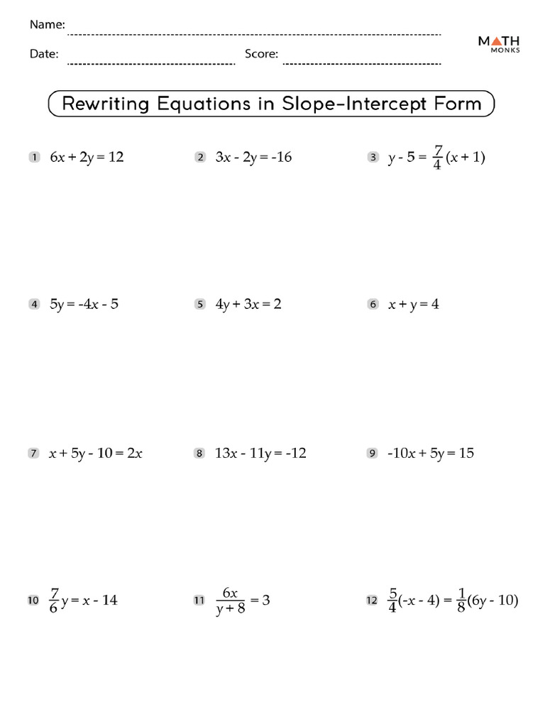 Rewriting Equations in Slope Intercept Form Worksheet With Answers | PDF