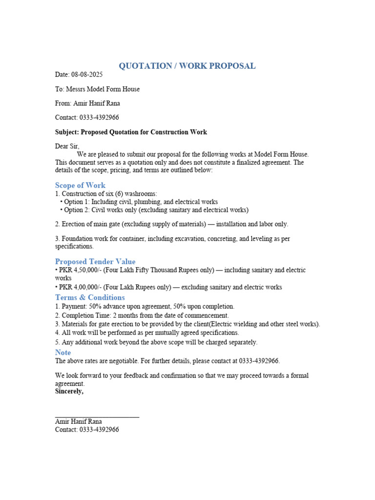 Negotiable Quotation Work Proposal | PDF