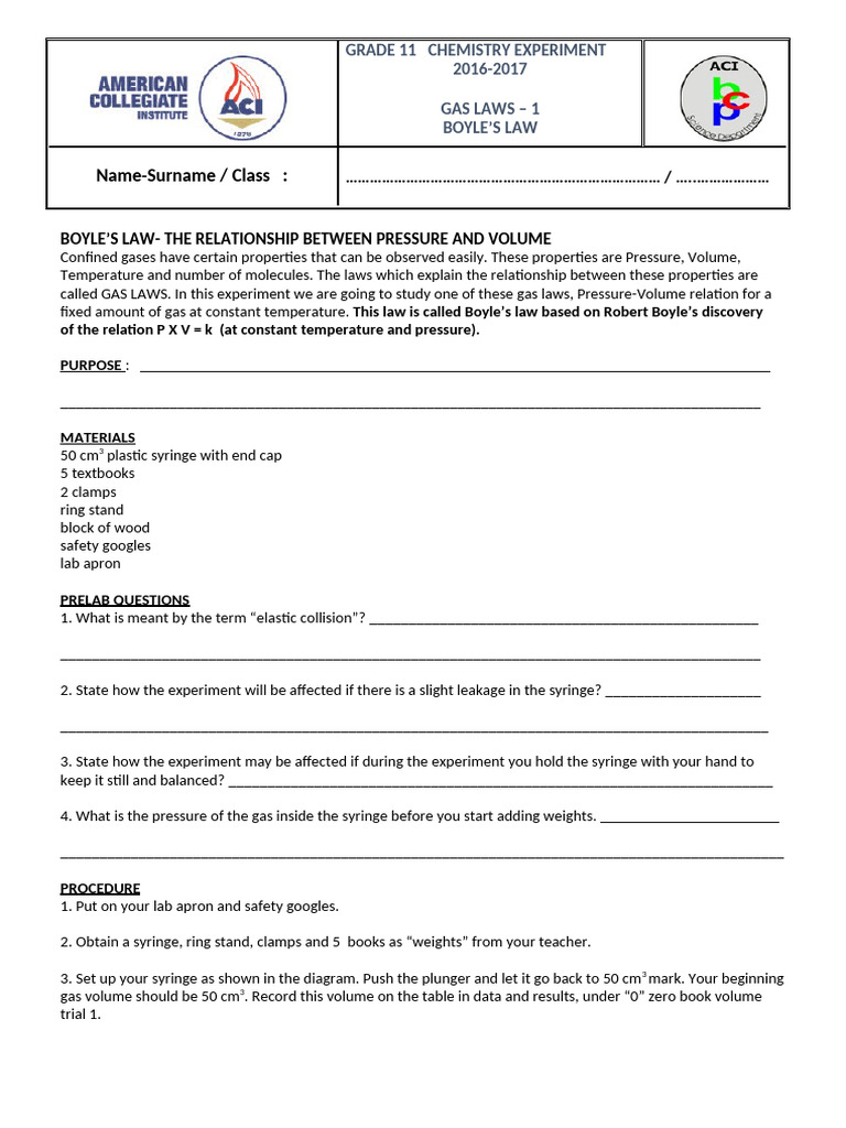 Experiment Gases 1 Boyles Law | PDF | Gases | Pressure