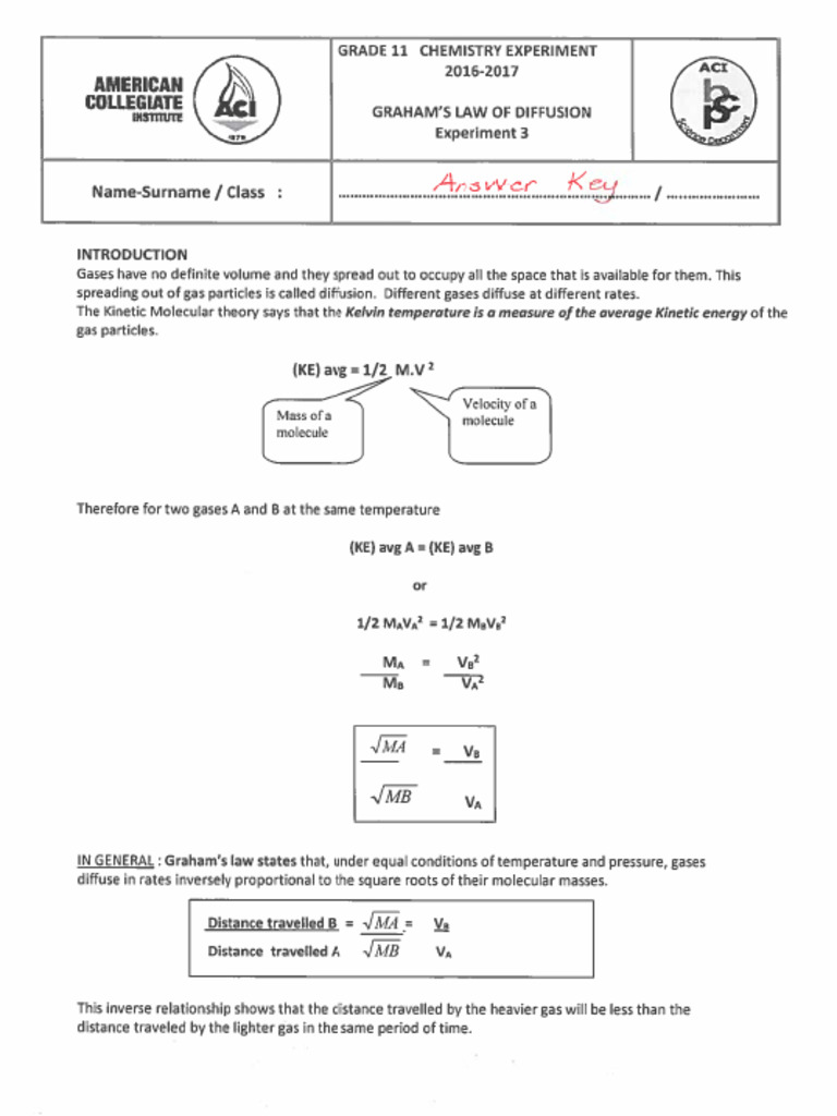 EXPERIMENT GASES 3 GRAHAMS LAW Answer Key | PDF