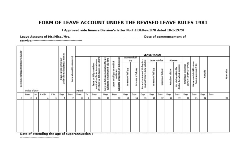 Form For Leave Account Under The Revised Leave Rules 1981 | PDF | Financial Services