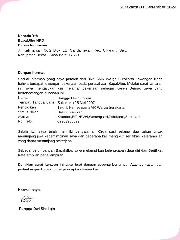 Surat Lamaran Bahasa Indonesia | PDF