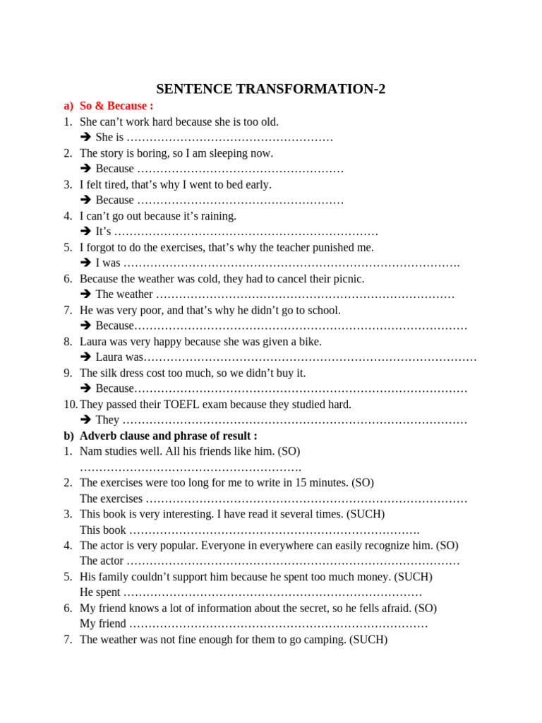 Sentence Transformation Exercises | PDF
