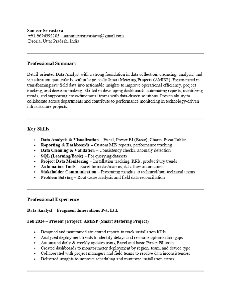 Sameer Srivastava Curriculum Vitae | PDF | Data Analysis | Microsoft Excel