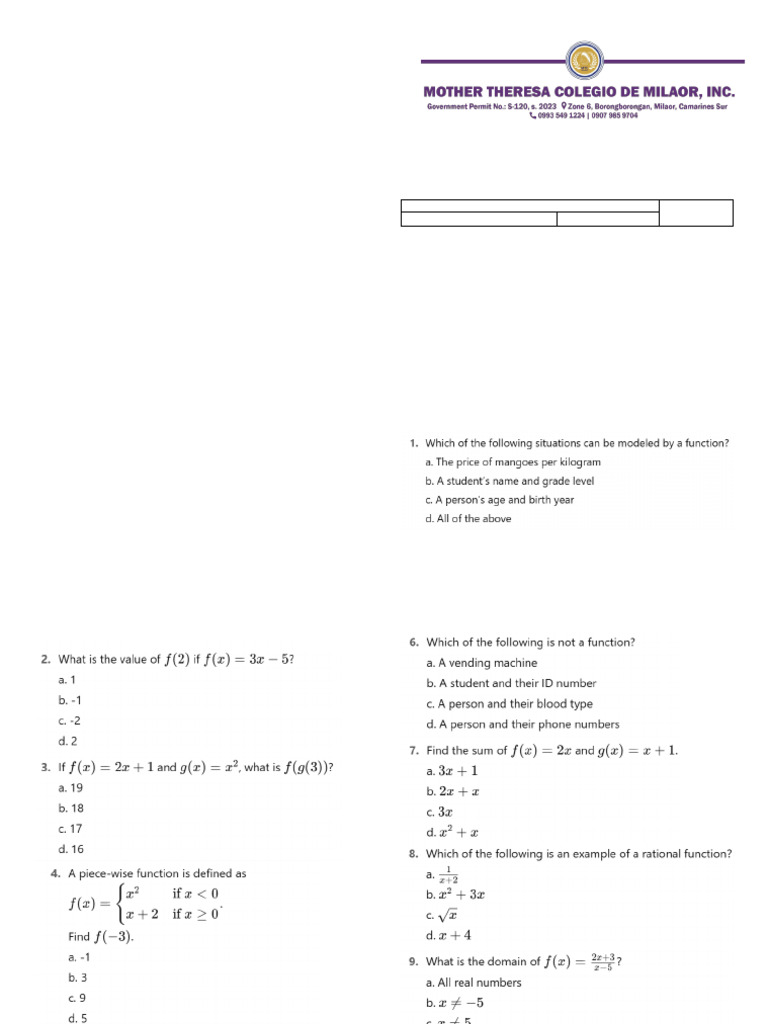 General Mathematics 11 1st Monthly Examination 50 Item Test | PDF