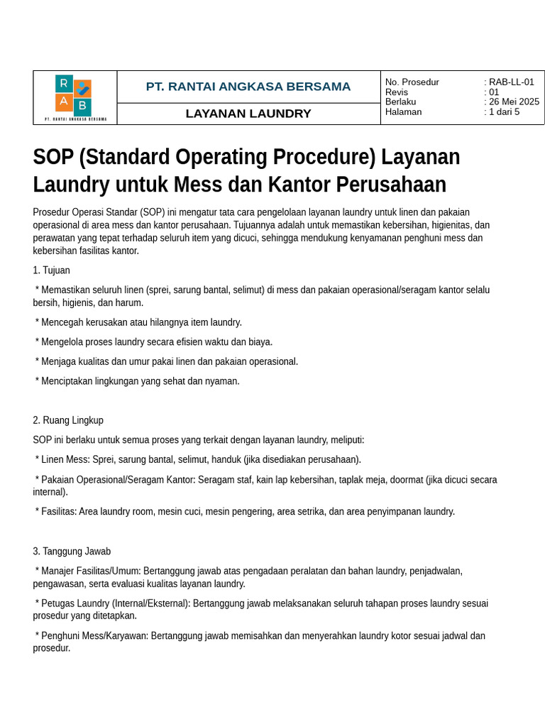 SOP Layanan Laundry untuk Karyawan | PDF