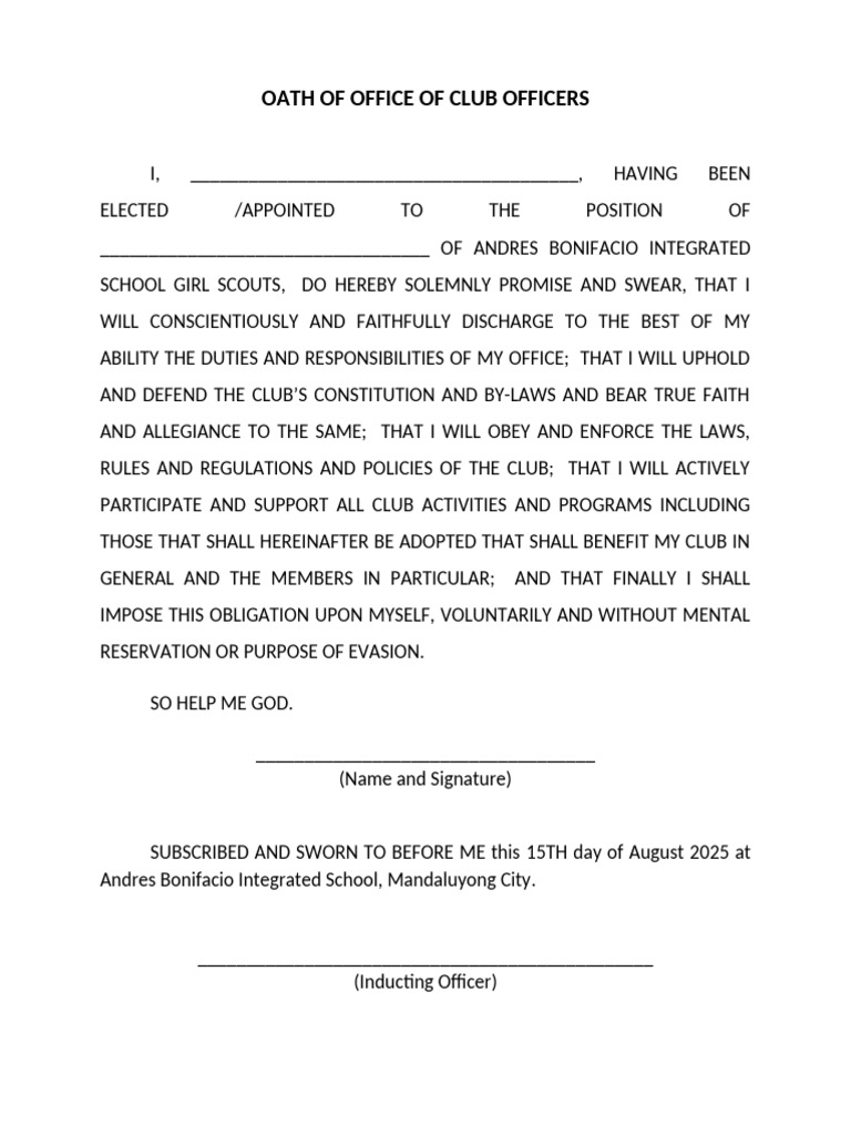 Oath of Office of Club Officers | PDF
